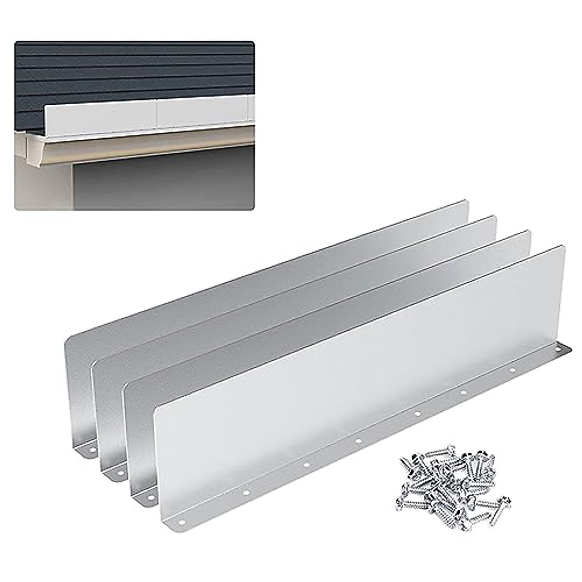 Meokro 4 Pcs Gutter Valley Splash Guards Aluminum Roof Valley Splash Shield Straight Rain Diverter Roofing Gutter Guards with 32 Screws for House Shingle Roofs Corner