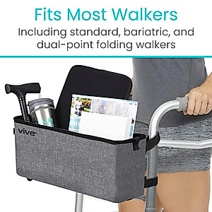 Vive Walker Basket Accessories Bag - Tray for Folding Walker with Water Cup Holder & Pockets - Universal Large Capacity Storage Container for Seniors, Elderly - Storage Mobility Aid Pouch (Gray)