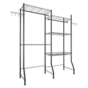 5-Tier Laundry Room Storage Shelf, Space-Saving Metal Clothes Drying Rack with Adjustable Shelves, Bathroom Towel Rack, Wire Basket, and Rotatable Hooks -Ideal for Over Washer and Dryer Organization