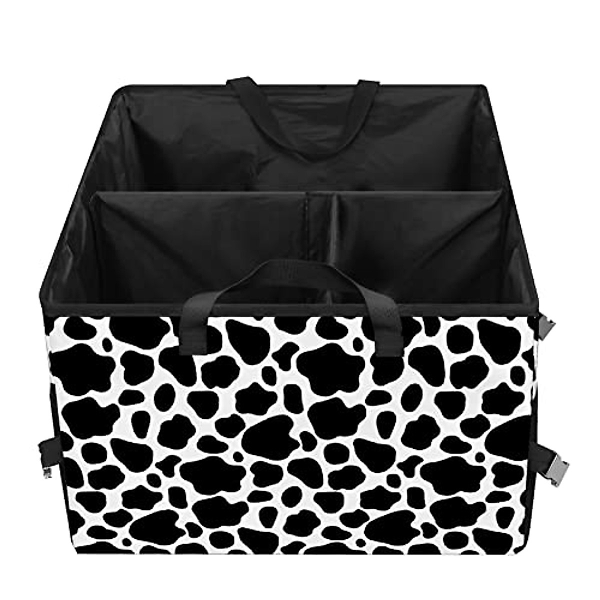 GACTIVITY Black And White Cow Print Car Trunk Organizer,Collapsible Cargo Storage Tote Bag,Non Slip,3 Divider Compartments, Automotive Interior Accessories for Auto SUV Truck Vehicle Picnic Camping