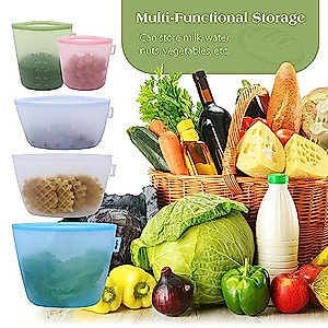 5pcs Silicone Reusable Food Container, 100% Food Grade Reusable Storage Bags with Sealing Strip, Silicone Bags for Food Storage（Different Sizes）