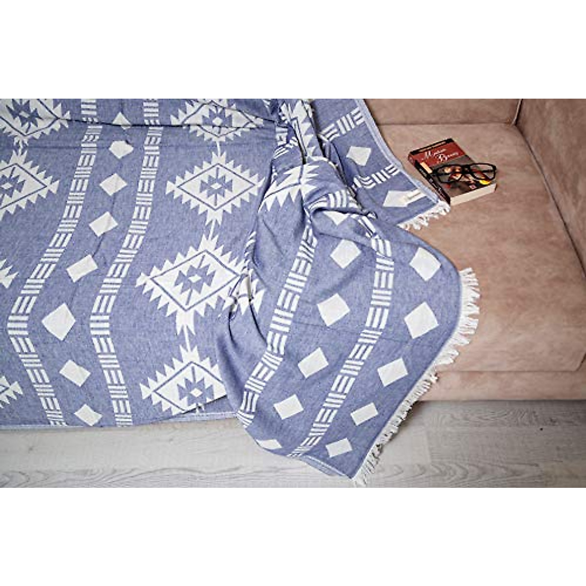 Bersuse 100% Cotton Belize XL Throw Blanket Turkish Towel - 75x90 Inches, Dark Blue