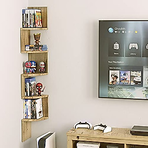 Wallniture Angolo Corner Shelf Wall Mount, 5 Tier Book Shelf for Wall Decor, DVD Storage, Plant Shelf Living Room, Bedroom, Office Burnt Finish Wood