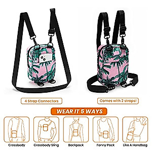 Vibe Festival Gear Crossbody Sling Bag for Women 4in1 from Recycled Polyester Belt Bag Backpack Fanny Pack Purse - Pink Tropical Palm Trees