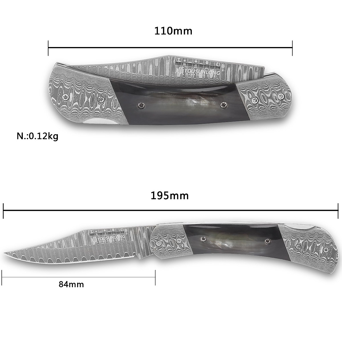 YOUSUNLONG Pocket Folding Knife Overall 195mm - Damascus Steel Blade - Bull Horn Handle