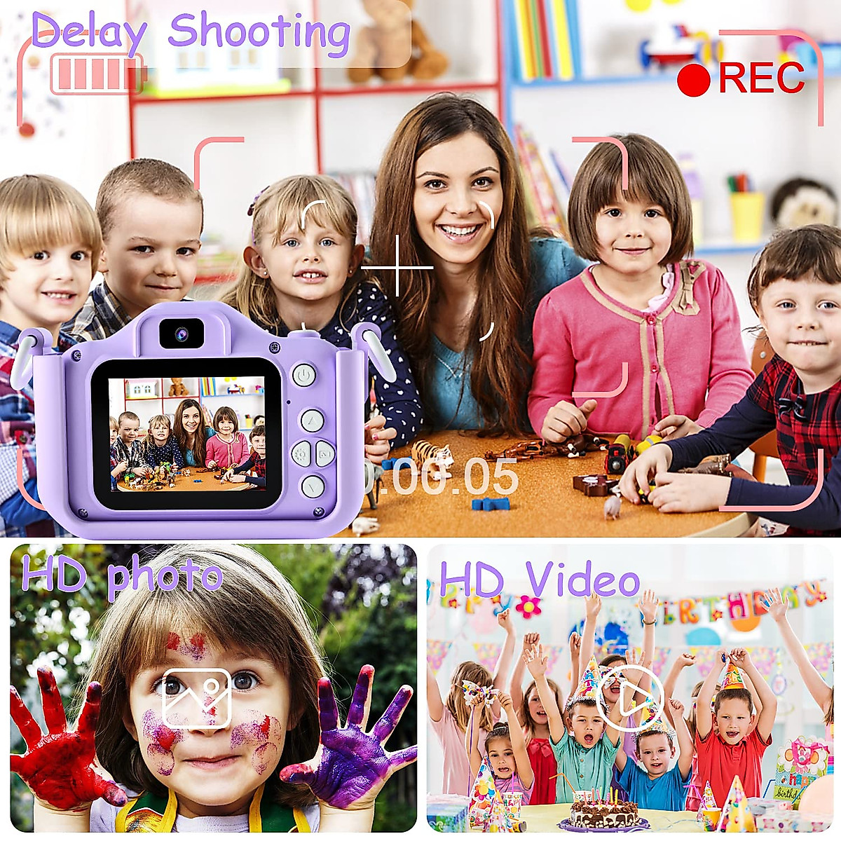 Kids Camera for Girls/Boys, 3-9 Year Old Toys for Girls/Boys, Christmas Birthday Gift for Age 6-9 Girls/Boys Kids Digital Dual Camera, Selfie Camera for Kids, 32GB Memory Card(Purple)