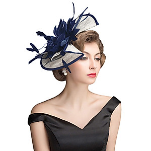 Z&X Navy Blue And White Fascinator Hat Sinamay Feather Floral Derby Hat For Women, Fascinator 1- Navy Blue+White, ONE SIZE
