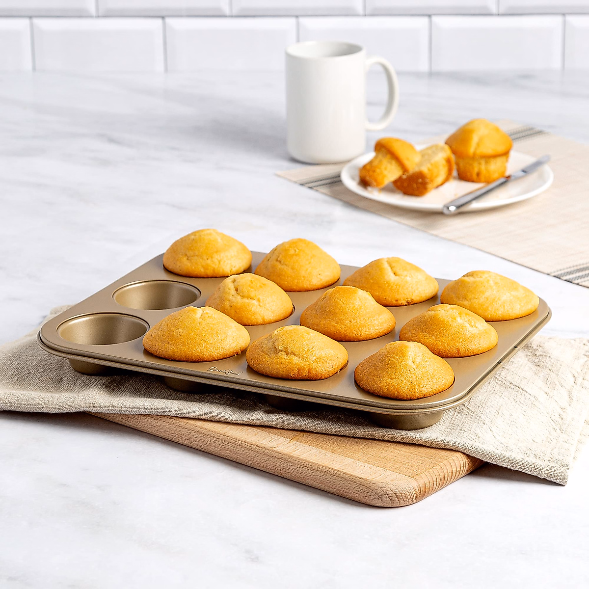 Goodful Nonstick Muffin Pan Set, Heavy Duty Carbon Steel with Quick Release Coating, Made without PFOA, Dishwasher Safe, 2-Pack Bakeware Set, 12-Cup, Champagne Gold