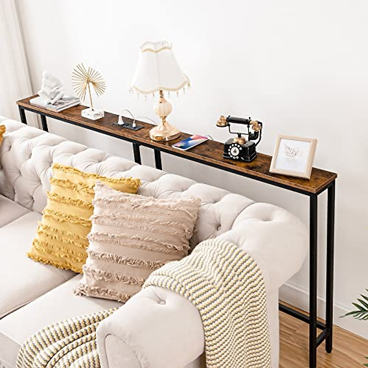 HOOBRO 5.9" Behind Couch Table Skinny with Charging Station, 63" Narrow Console Table with Power Outlets, Long and Thin Sofa Table, Slim Entryway Table, Rustic Brown BF165UXG01