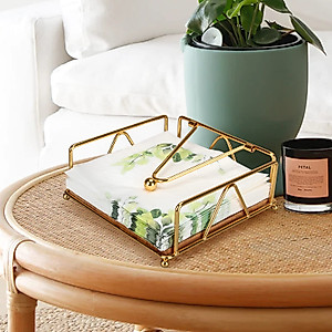 Gold Modern Napkin Holder for Table with Weighted Arm, Square Metal Flat Napkin Holder Farmhouse Napkin Box Rustic Napkin Tray for Paper Napkins, Kitchen, Countertops, Bathroom, Dinner, Outdoor