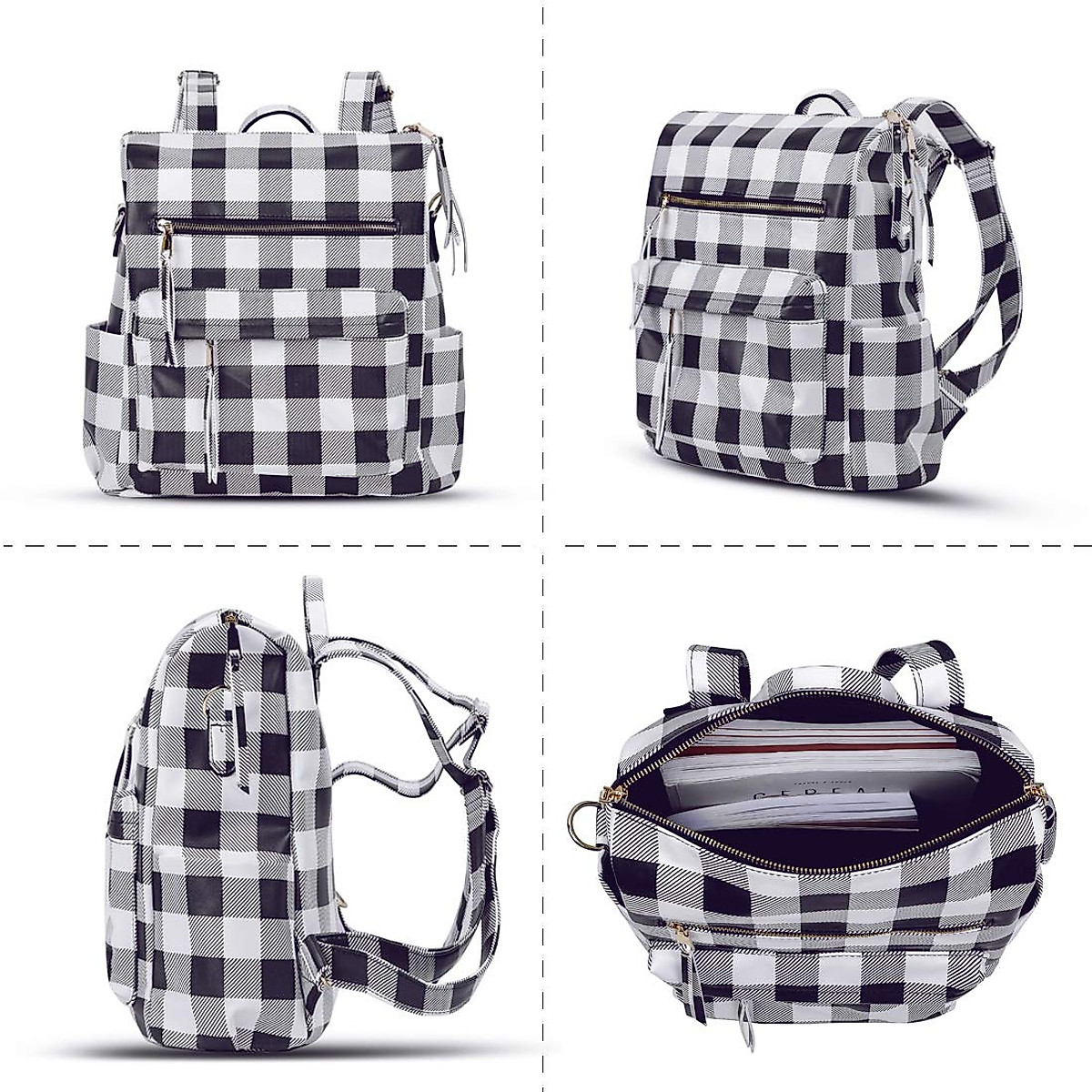 CRAZITAYA Womens Buffalo Plaid Check Backpack Purse,Nappy Diaper Bags for Mom Multi-Function Zip Leather Large Daypack(White Plaid)