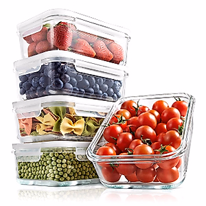 10-Piece Superior Glass Food Storage Containers Set (5 Containers + 5 Locking Lids) - Stackable Glass Meal-prep Design, BPA-free Airtight Clear Locking lids with Vent Lids & Air Hole, NutriChef NCCLX5