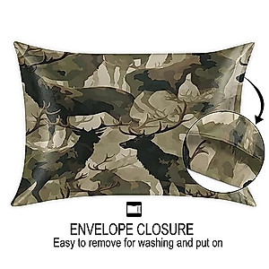 Satin Pillowcase for Hair and Skin Standard Size Military Camo Camouflage Deer,Soft Breathable Smooth Cooling Pillow Covers Satin Pillow Cases with Envelope Closure,20x26 Inches