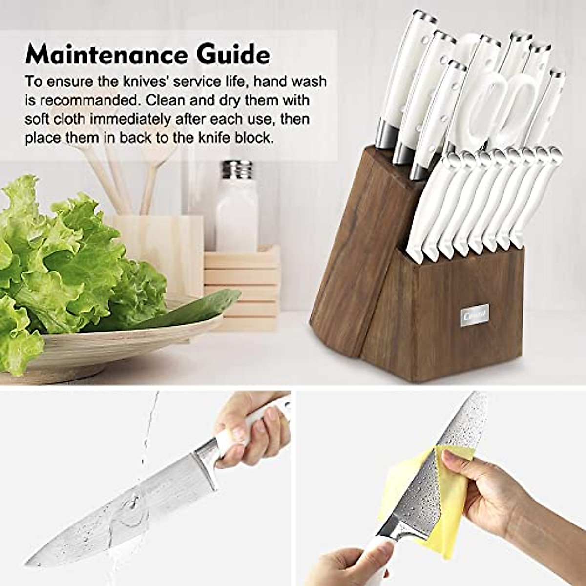 Knife Set, 23 PCS Kitchen Knife Set with Block, Germany High Carbon Stainless Steel Chef Knife Block Set, Knives Set for Kitchen with Sharpener & Finger Guard, Ultra Sharp, White