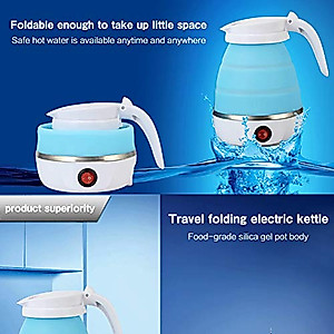 Travel Foldable Electric Kettle Ultrathin Food Grade Silicone Kettle with Separable Power Cord and Handle Boil Dry Protection and Easy for Storage Collapsible Heating Boiler for Coffee Tea (Blue)