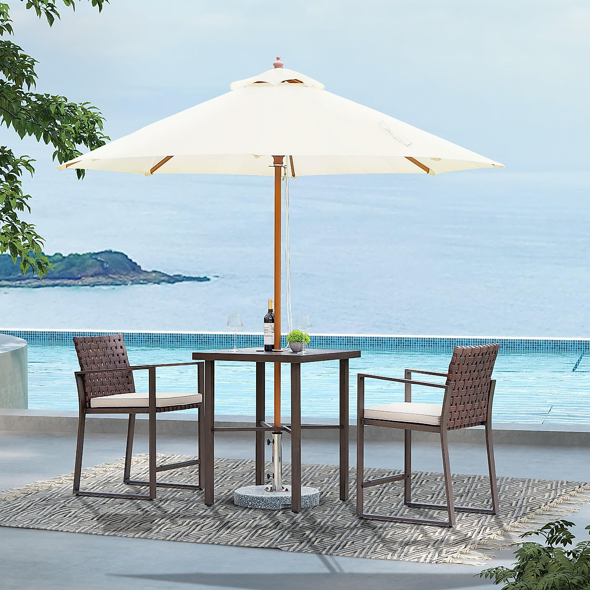 Grand patio 3-Piece Outdoor Counter Height Bar Set with Wood Grain Texture Leather-Look Wicker Bar Set with Market Umbrella Hole Furniture for Patio, Balcony, Garden - Brown