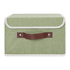 ANMINY Storage Bin with Lid Storage Boxes with PU Leather Handles PP Plastic Board Decorative Foldable Lidded Cotton Linen Fabric Home Cubes Baskets Closet Organizer Container - Green, Small Size