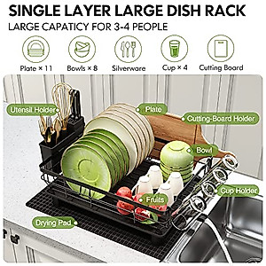 BOOSINY Dish Rack with Drainboard Set, Stainless Steel Dish Drainer for Kitchen Counter, Dish Racks with Utensil Holder, Cup Holder, Cutting-Board Holder and Extra Drying Mat (Black)