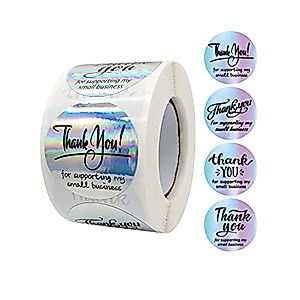 PMCDS2G 500pcs Thank You Stickers Holographic Four Patterns Water-Proof 1.5" in 1 Roll for Gift Décor Thank You Cards Small Business Handmade Crafts