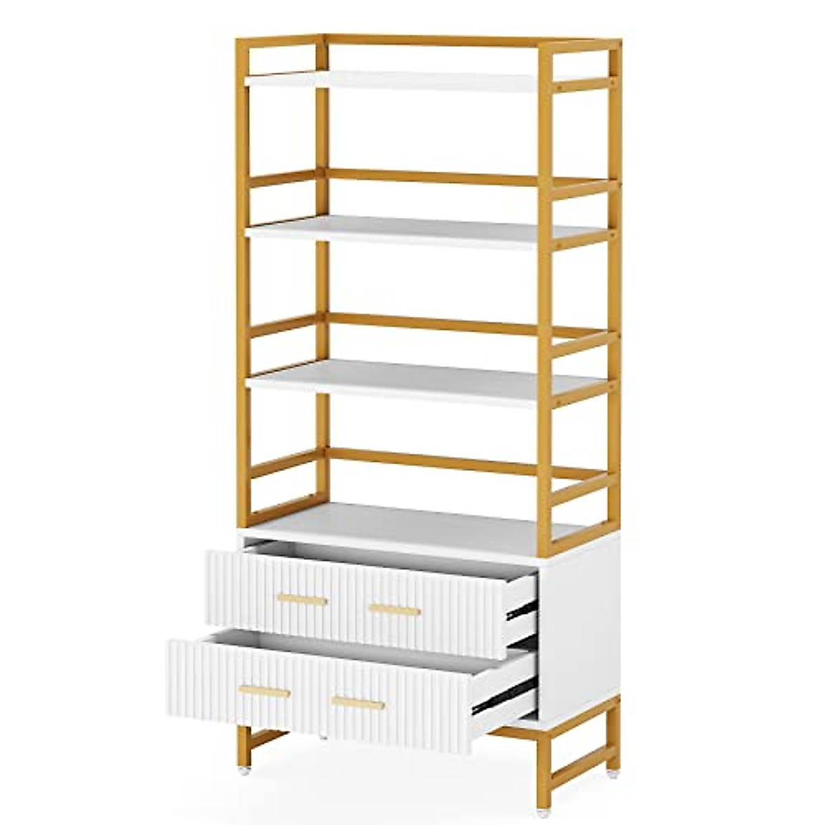 Tribesigns Bookshelf with Drawers, 65” Tall Ladder Shelf Bookcase with Storage, Modern White and Gold Bookcases and Book Shelves 4 Shelf Organizer, Metal Wood Book Shelving Unit for Bedroom, Office