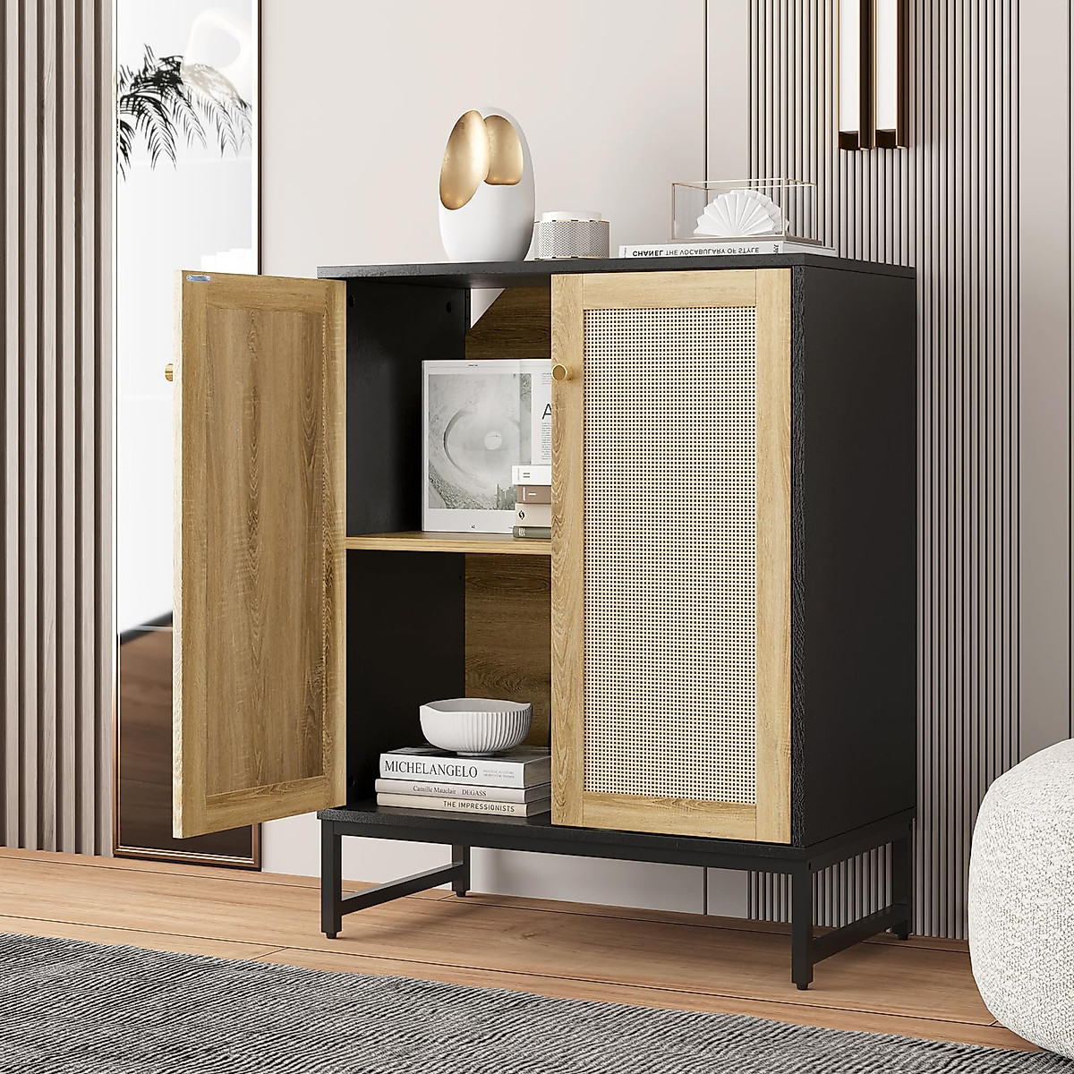 Kopuity Sideboard Buffet Cabinet, Storage Cabinet with Double Rattan Doors, Modern Rattan Sideboard Cabinet, Kitchen Storage Cabinet with Metal Feet, for Entryway, Bedroom, Living Room (Black)