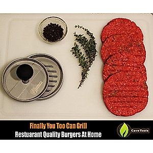 Cave Tools Burger Press - Perfectly Formed Hamburger Maker - Includes 200 Non Stick Patty Papers for Making 1/4 lb or 1/3 lb Stuffed Pocket Burgers - Aluminum Presser