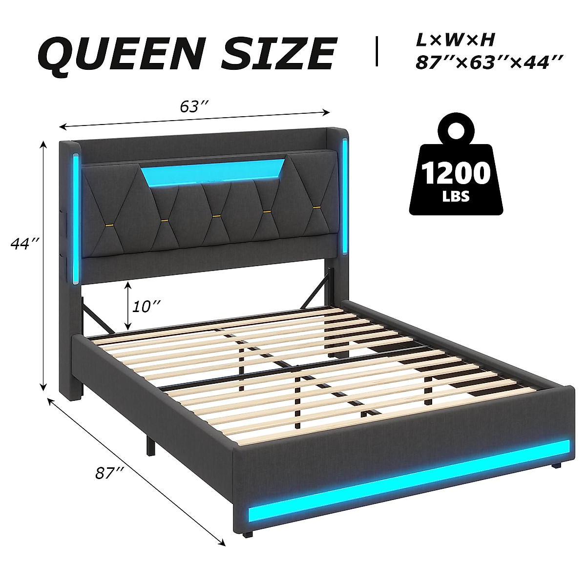 BYSAUD King Size Storage Bed Frame with Hidden Space and 2-Tier Shelves,King Bed Frame with Heaboard,King Size Bed Frame with LED Lights,Charging Station,No Box Spring Needed,Dark Gray,Linen Cloth