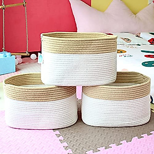 Casaphoria Cotton Rope Storage Baskets Bin Set of 3 Storage Cube Organizer Foldable Decorative Woven Basket for Clothes, Makeup, Books, Nursery, 15"x 10"x 9",pack of 3, White and Brown