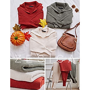 ZESICA Women's 2023 Fall Lapel Collar V Neck Long Sleeve Ribbed Knit Comfy Loose Casual Pullover Sweater Jumper Top,Beige,Medium