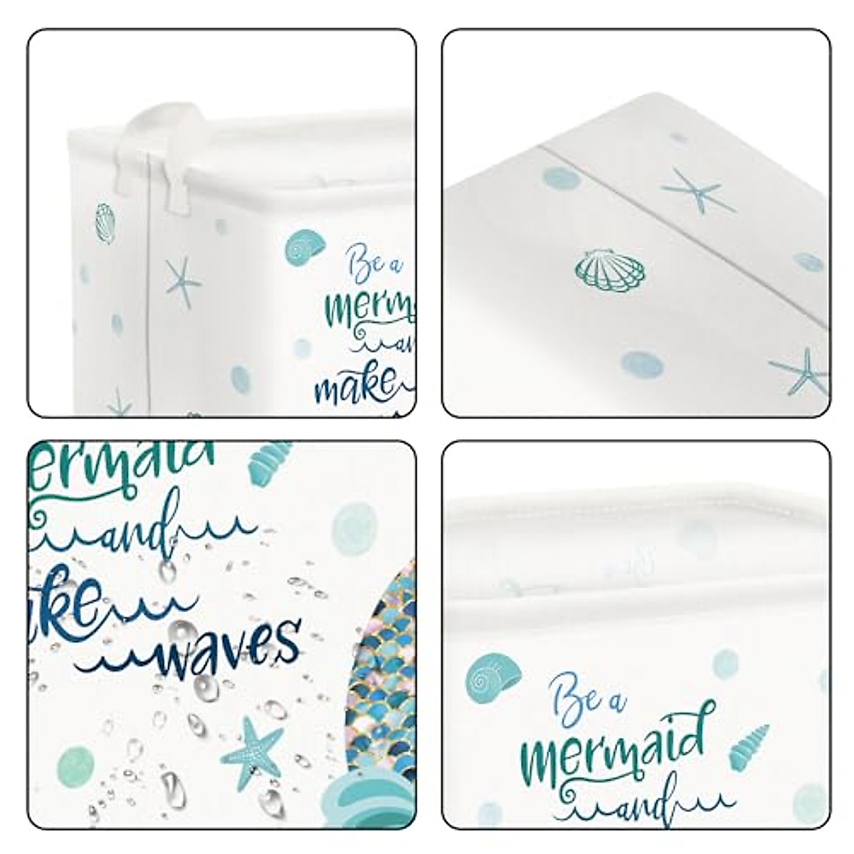 Clastyle Blue Mermaid Storage Basket for Girls Rectangle Starfish Shell Shelf Basket Clothes Books Toy Storage Cube, 36L