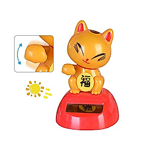 Solar Cat Bobble Shaking Head Dancing Toy Cat Figurine Statue Car Dash Board Lucky Cat Shaking Dancing Ornaments Statues for Car Home Offices Vehicle Decoration (Yellow)