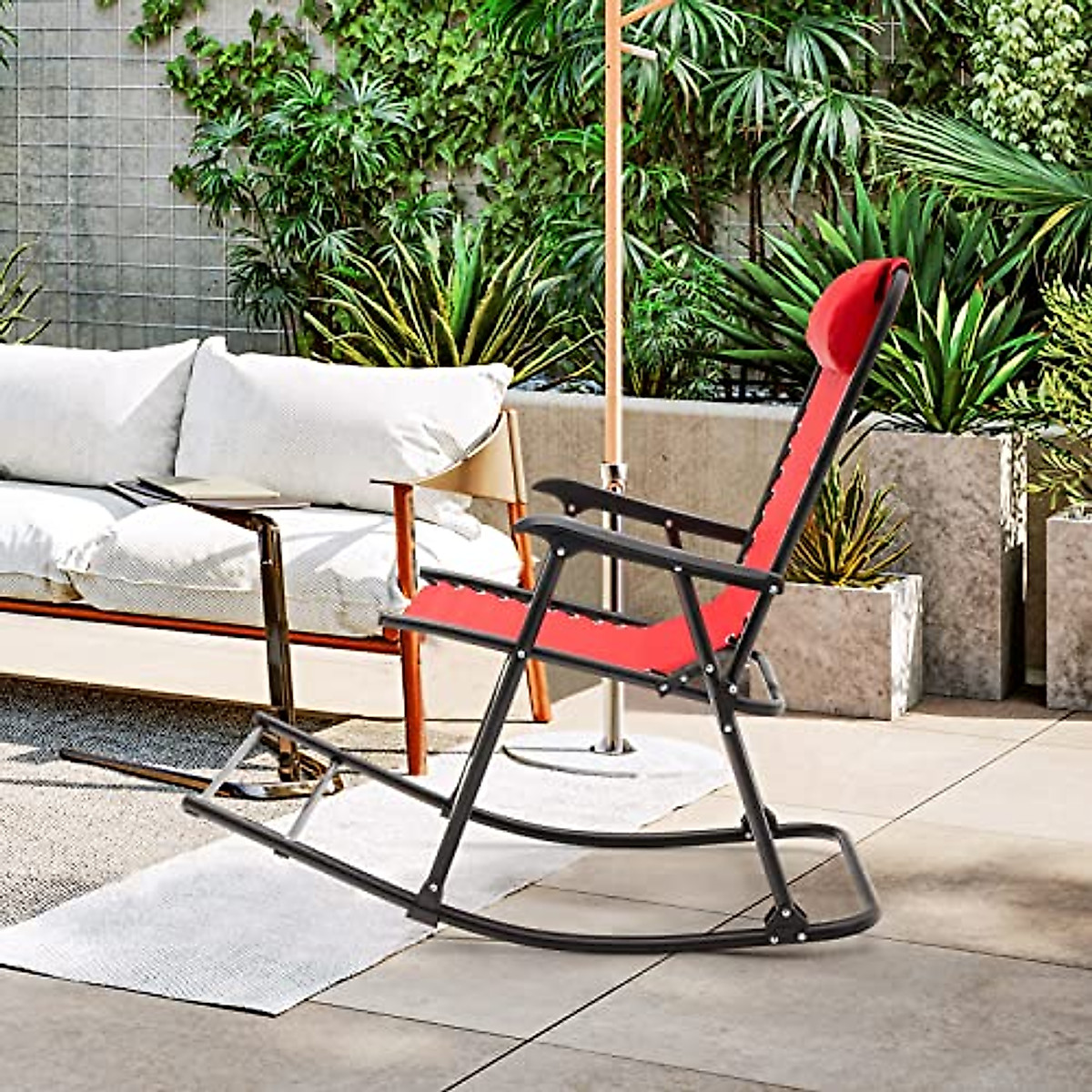 Giantex Rocking Camping Chair Folding - Outdoor Rocker Camping Chair w/Pillow High Back Ergonomic Armrests & Footrest, Foldable Rocking Lawn Chair for Patio Camping Lawn Backyard Garden (1, Red)