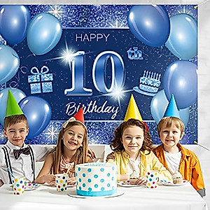 5665 Happy 10th Birthday Backdrop Banner Decor Blue – Dot Glitter Sparkle 10 Years Old Birthday party Theme Decorations for Boys Girls Supplies