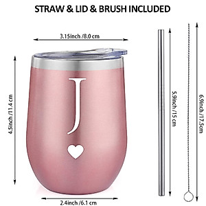 Calltoge Personalized Initial Gifts 12 Ounces Stainless Steel Wine Tumbler with Straw Brush Rose Gold Insulted Mug Wedding Bridesmaid Birthday Graduation Gift for Men Women Monogrammed Gift (J)
