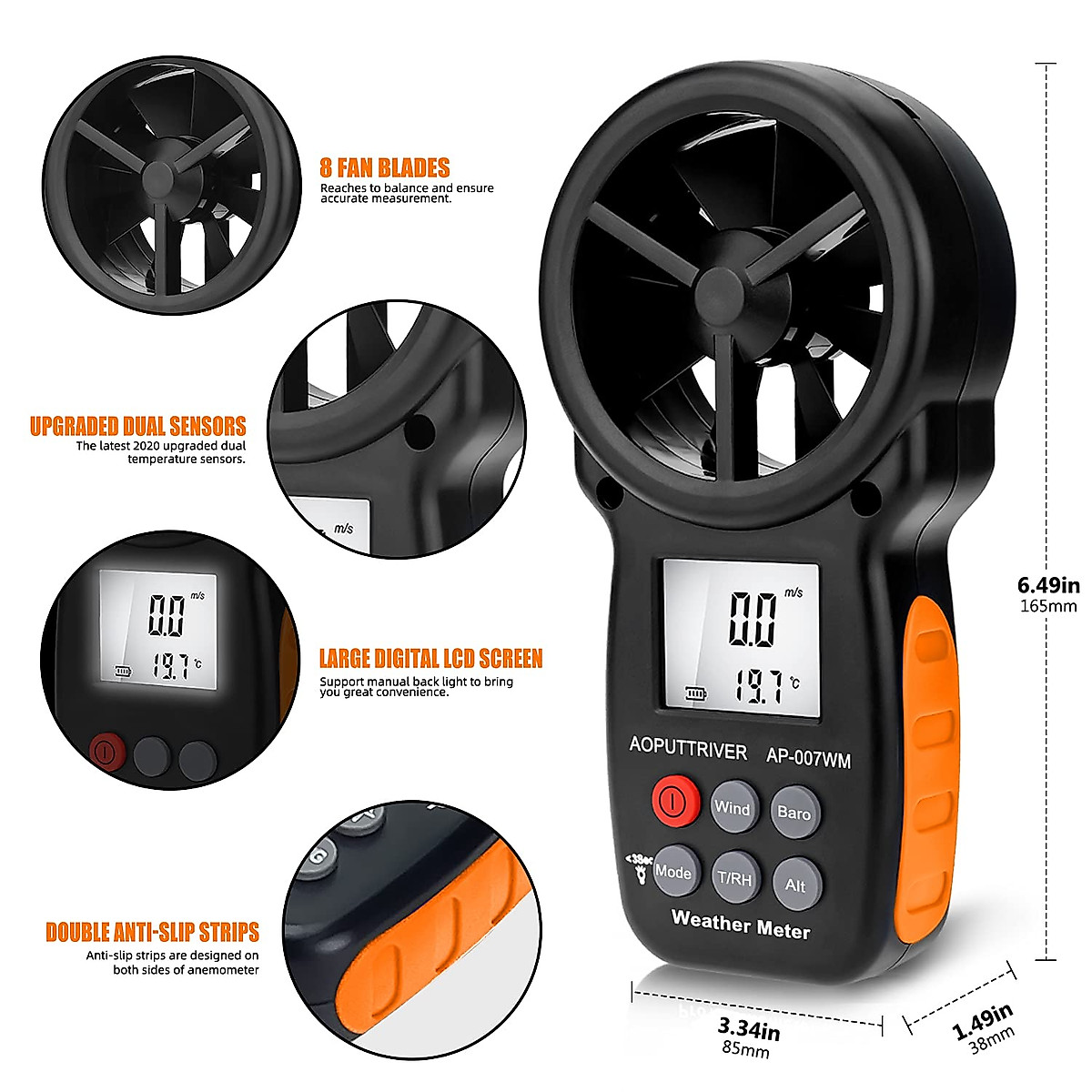 Digital Anemometer Barometer Handheld Anemometer, Wind Speed Meter for Wind Speed/Temperature with Wind Chill & Relative Humidity, Altitude, Barometric Pressure measure for HVAC CFM Shooting -AP-007WM