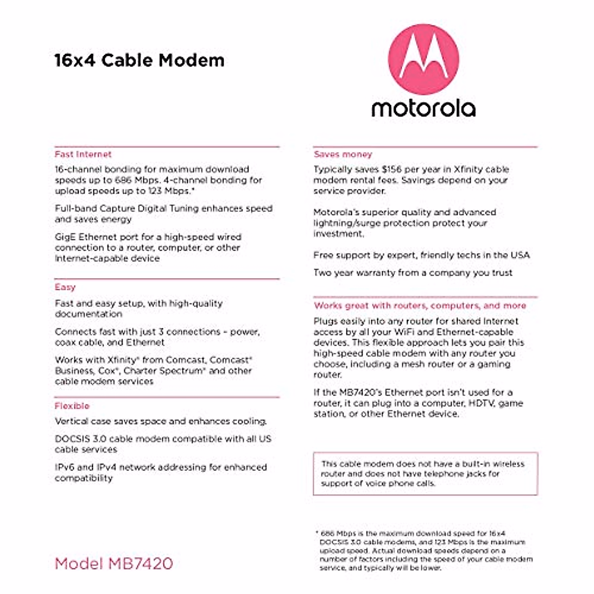 MOTOROLA 16x4 Cable Modem, Model MB7420, 686 Mbps DOCSIS 3.0, Certified by Comcast XFINITY, Charter Spectrum, Time Warner Cable, Cox, BrightHouse, and More