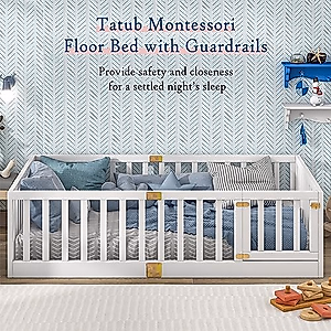 Tatub Twin Floor Bed with Safety Guardrails and Door, Montessori Floor Bed for Kids, Wood Kids Floor Beds Frame, Door Can Install Left and Right, Twin-White