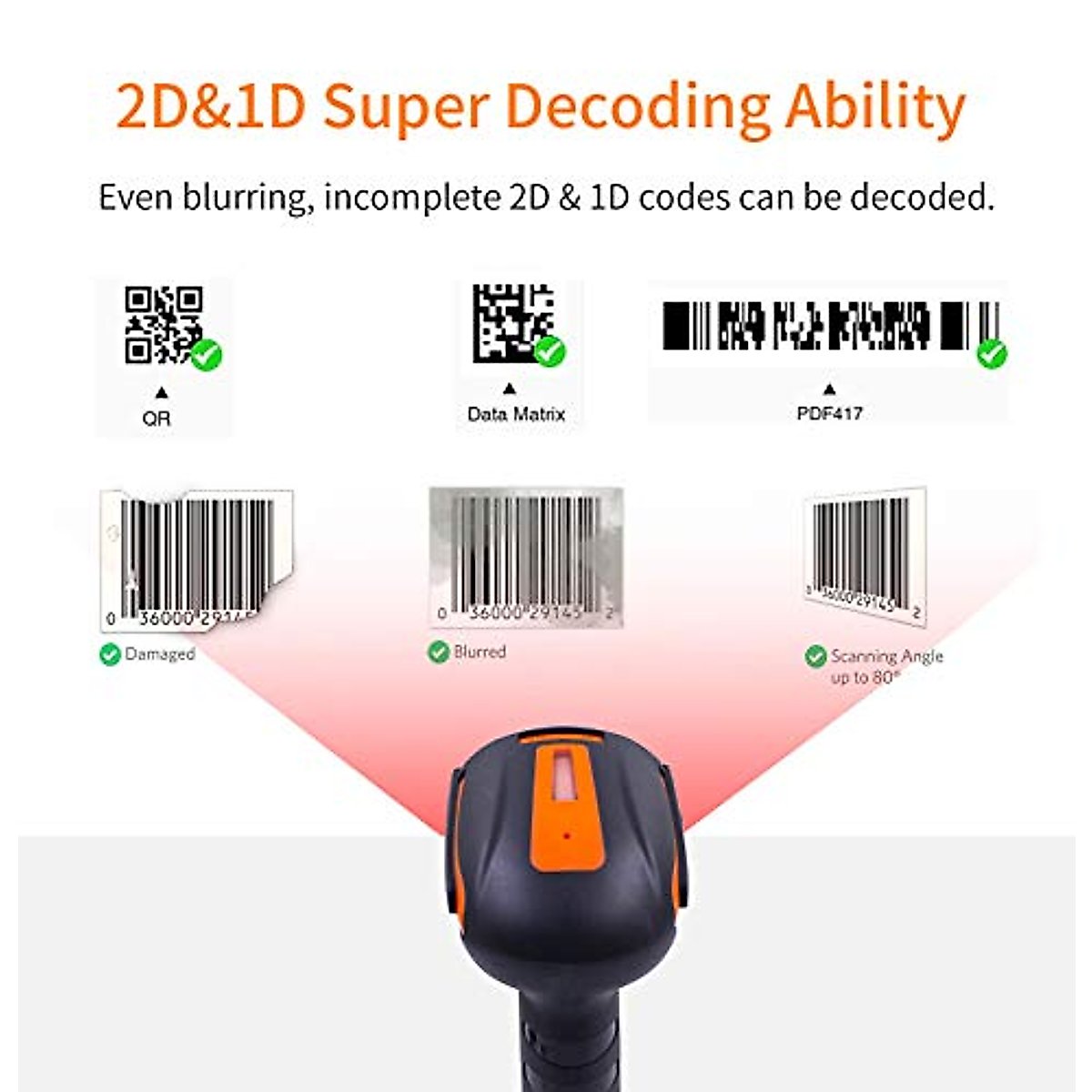 Symcode Bluetooth 2D QR Barcode Scanner with Stand,Industrial Dustproof and Waterproof 3 in 1 Compatible with Bluetooth & 2.4GHz Wireless & Wired Connection with Vibration Alert