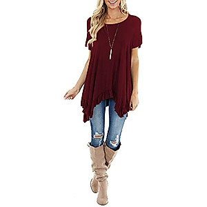 ETCYY NEW Plus Tunic Tops for Leggings for Women Ruffle Comfy Blouses Casual Shirts Ladies Summer Tops Wine