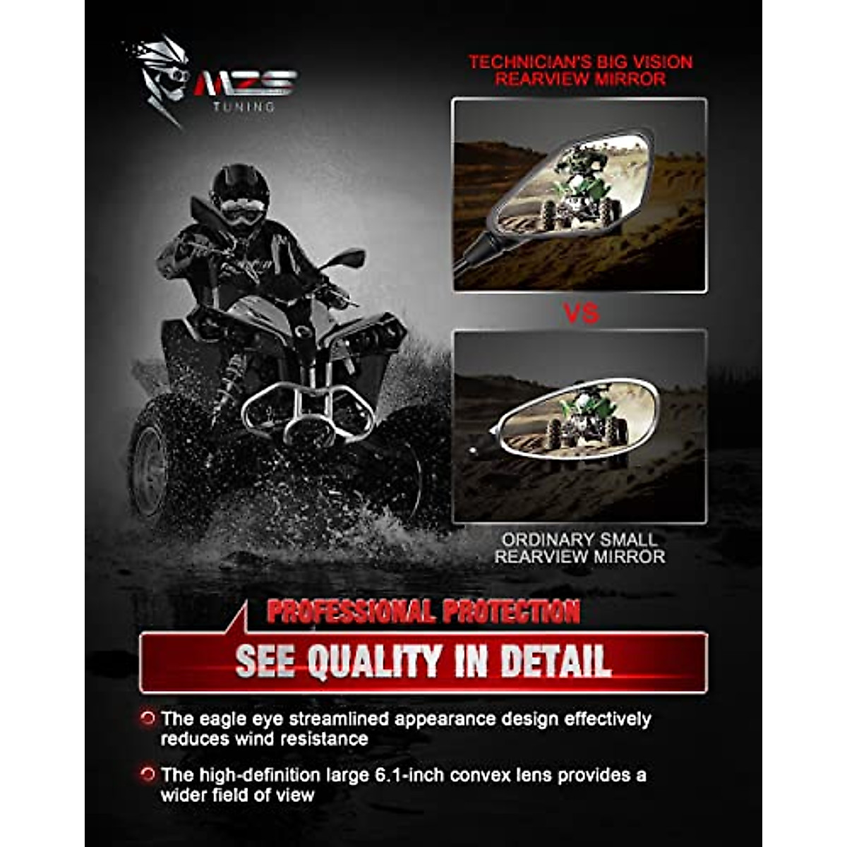 MZS ATV Mirrors, Motorcycle Rearview Mirror Handlebar Mount Universal Rear View Accessories Side Compatible Motorbike Dirt Bike Quad Street Bike Adventure Snowmobile Scooter Coolster Moped GY6 ATV's