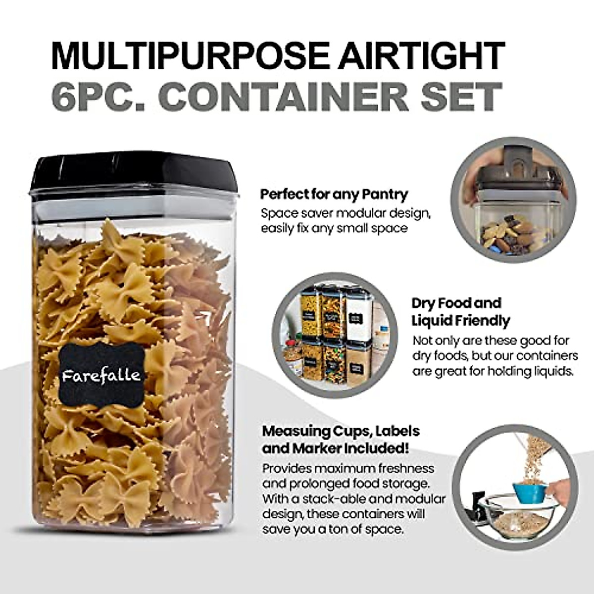 Shazo Airtight Food Storage Container (Set of 6) - BONUS Measuring Cup - Labels & Marker - Durable Plastic - BPA Free - Clear with Improved Lids (Black) - Air Tight Snacks Pantry & Kitchen Canisters