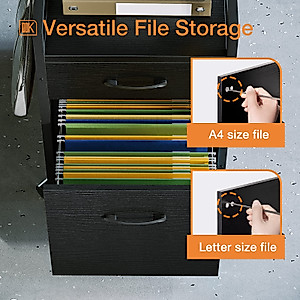 ODK File Cabinet with 2 Drawers, Mobile Office Cabinet with Lock on Wheels, Rolling Office Printer Stand Filing Cabinet for A4, Letter Sized Document with Iron Hook, Black