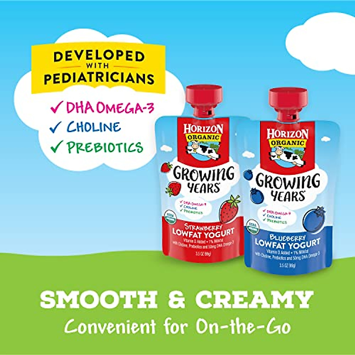 Horizon Organic Growing Years Low Fat Yogurt Pouch with 50mg DHA Omega-3 and Choline, Strawberry, 3.5 oz., 4 Pack