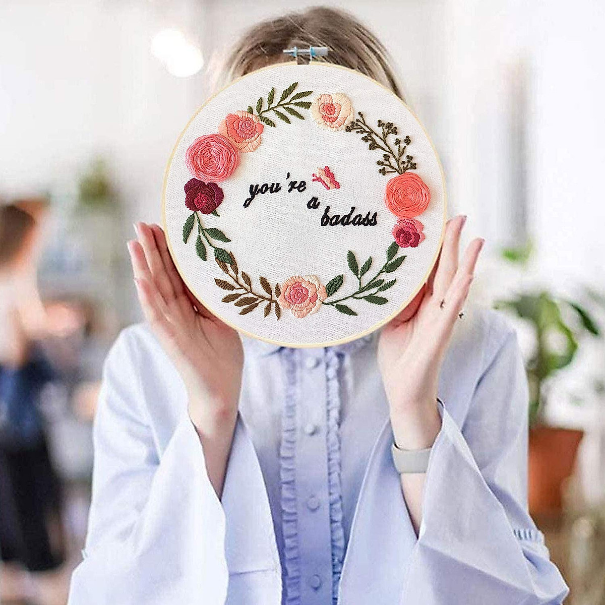 ORANDESIGNE Funny Embroidery Kit for Beginners, Stamped Cross Stitch Kits for Beginners Adults Patterned Needlepoint Embroidery Hoops Cloth Color Thread Floss Flowers Plants Cactus