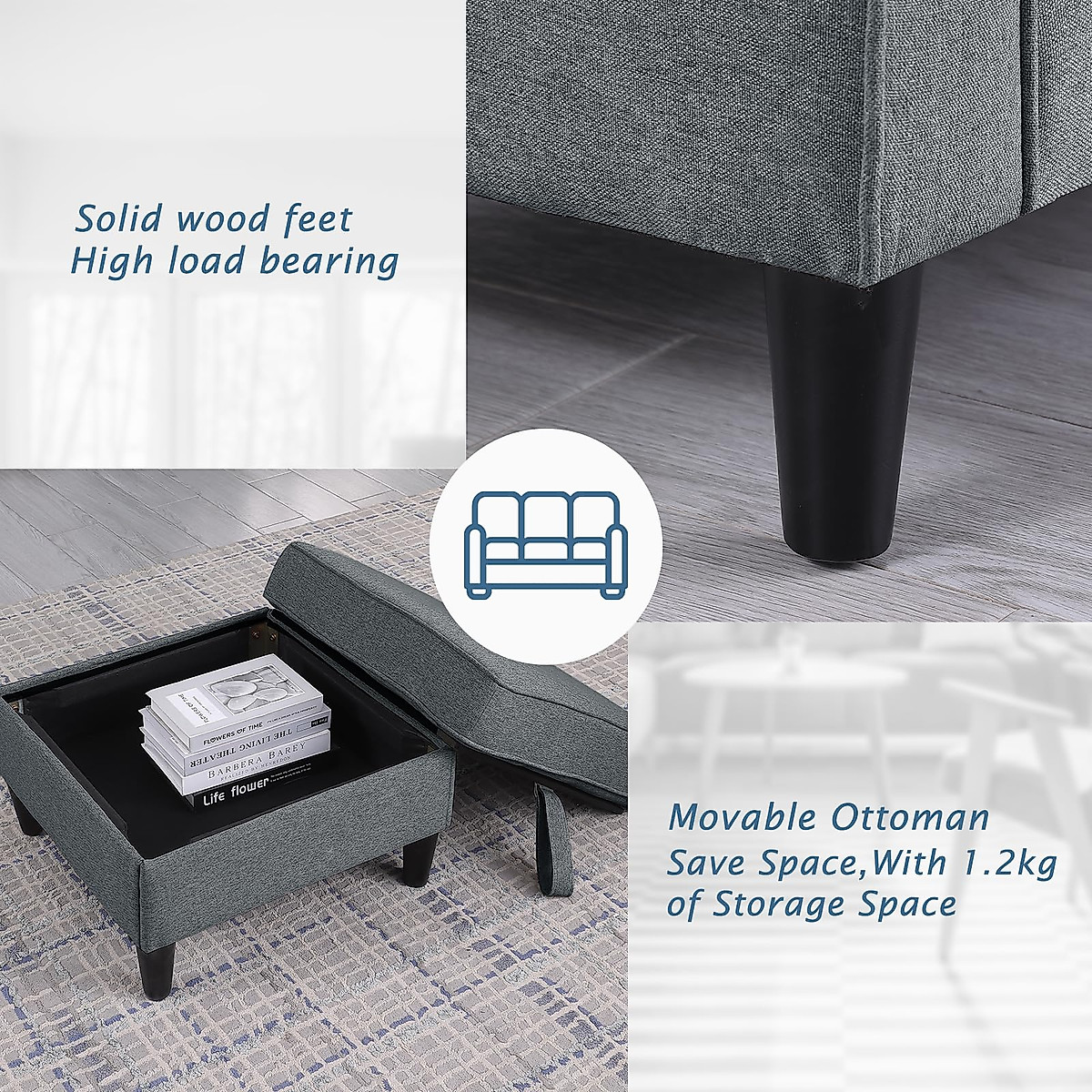 Sectional Sofa for Living Room 76inch Small Space Couches 3 Seater Sofa L shaped Chaise Loveseat Linen Fabric Comfy Couch Chairs with Reversible Ottoman Bench for Home, Apartment, Dorm, Office (Grey)