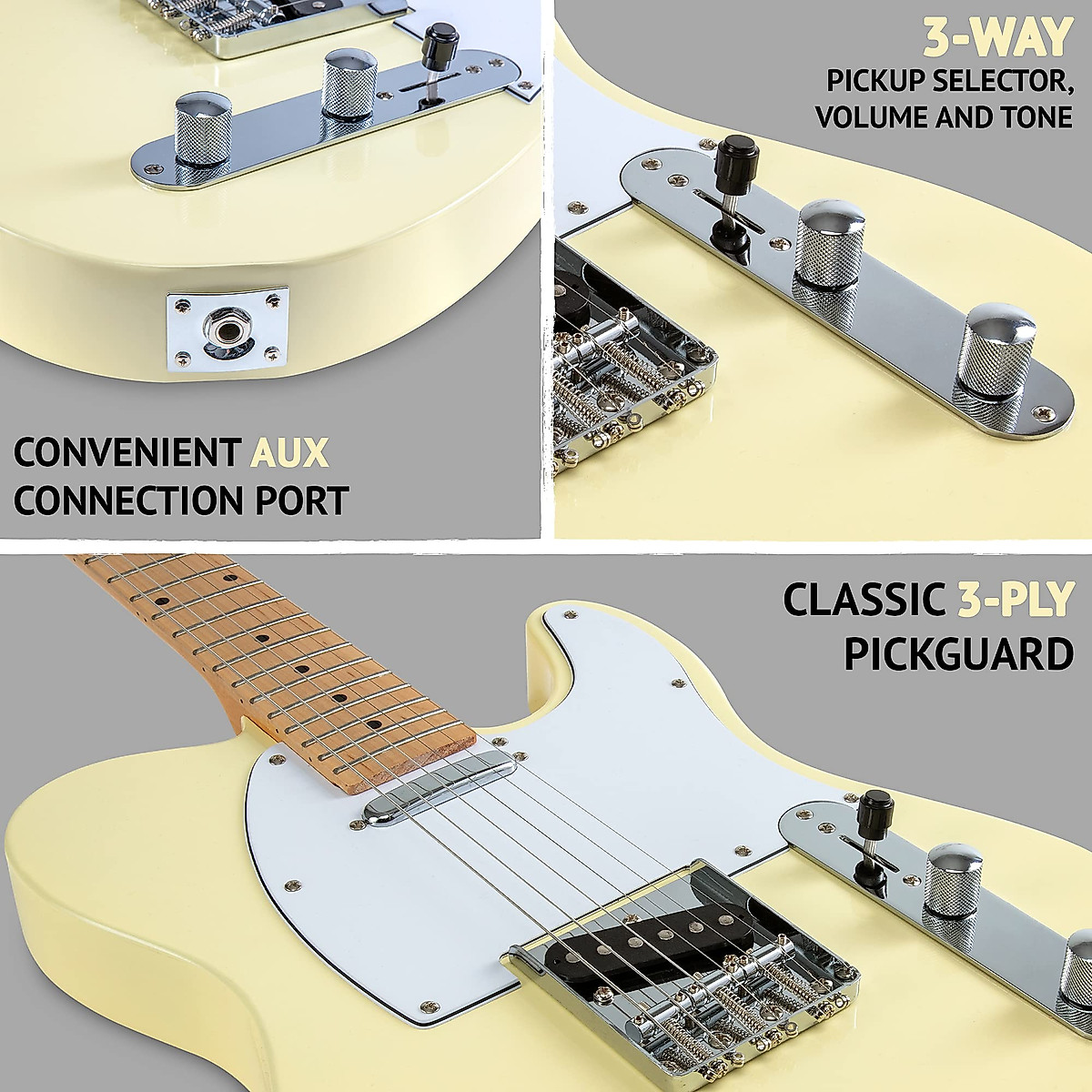 LyxPro 39” Electric Guitar TL Series, Full-Size Paulownia Wood Body, 3-Ply Pickguard, C-Shape Neck, Ashtray Bridge, Quality Gear Tuners, 3-Way Switch & Volume/Tone Controls, 2 Picks Included, White