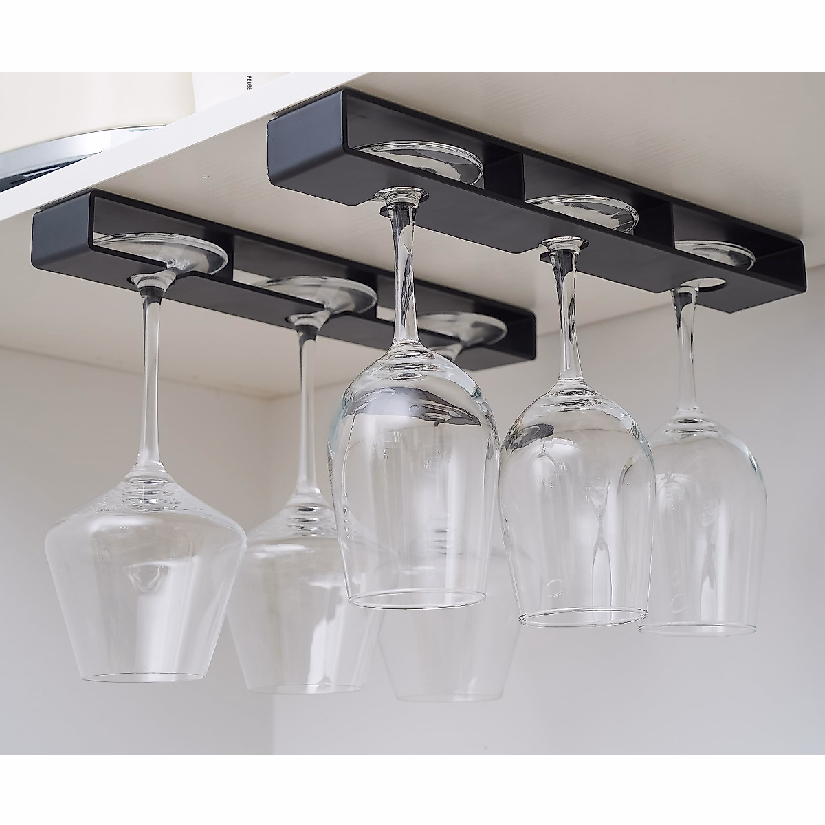 Aydomer 2Pack Wine Glass Holder Under Shelf Cabinet Wine Glass Rack Plastic Stemware Rack Glasses Storage Hanger Bar Kitchen Wine Glasses Organizer (black)