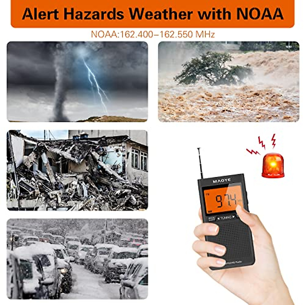 Maoye AM/FM Weather Alert Radio Portable Transistor NOAA Radio with Best Reception Operated by 2 AAA Batteries Big Digital Screen Stereo Earphone Jack Time Setting Pocket Radio (Black)