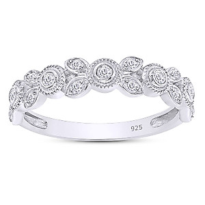 1/10 Carat Round Cut White Natural Diamond Vintage Flower Stackable Wedding Band Ring In 14k White Gold Plated 925 Sterling Silver Jewelry (Clarity : I2-I3, Color : I-J, 0.10 Cttw) Ring Size-5.5