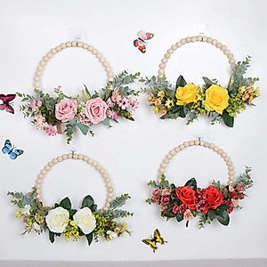 Artificial Flower Wreath,Wood Beads Rose Wreath, Indoor/Outdoor Farmhouse Wreaths for Front Door Decor